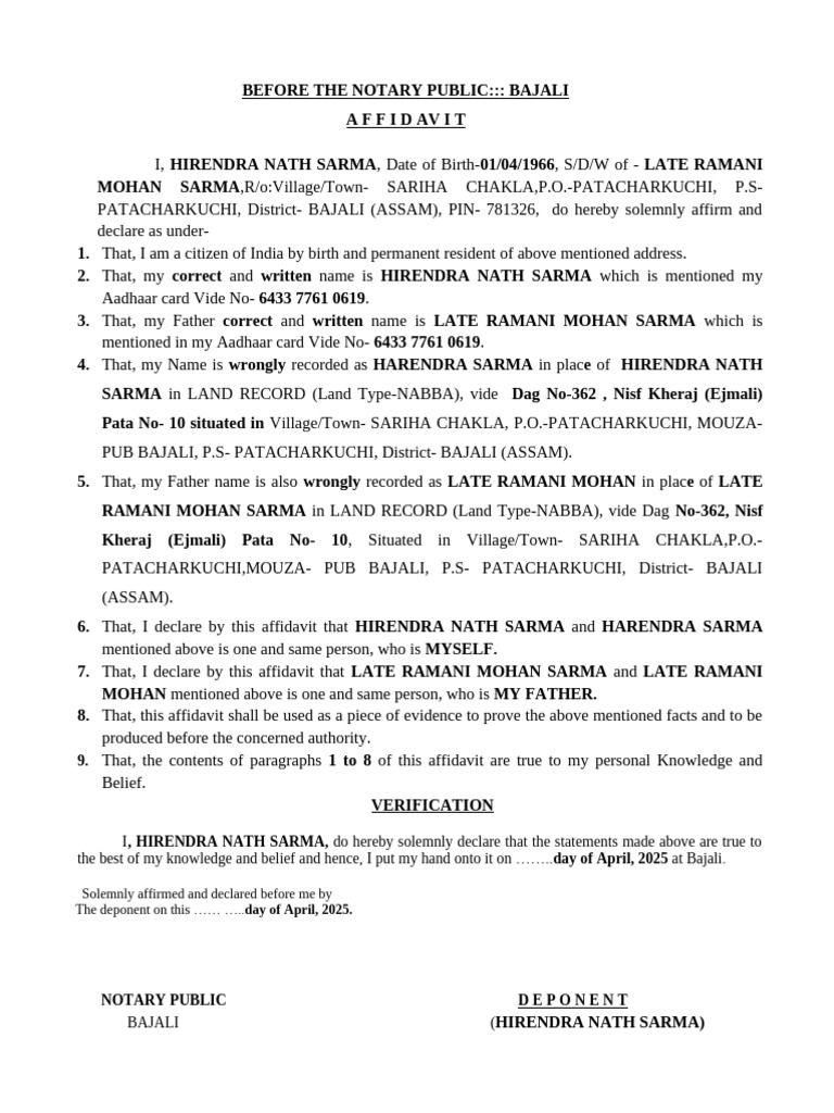 One and Same Affidavit Hirendra Nath Sarma | PDF