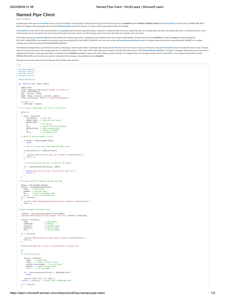 Named Pipe Client - Win32 apps _ Microsoft Learn | PDF | Computer Engineering | Computer ...