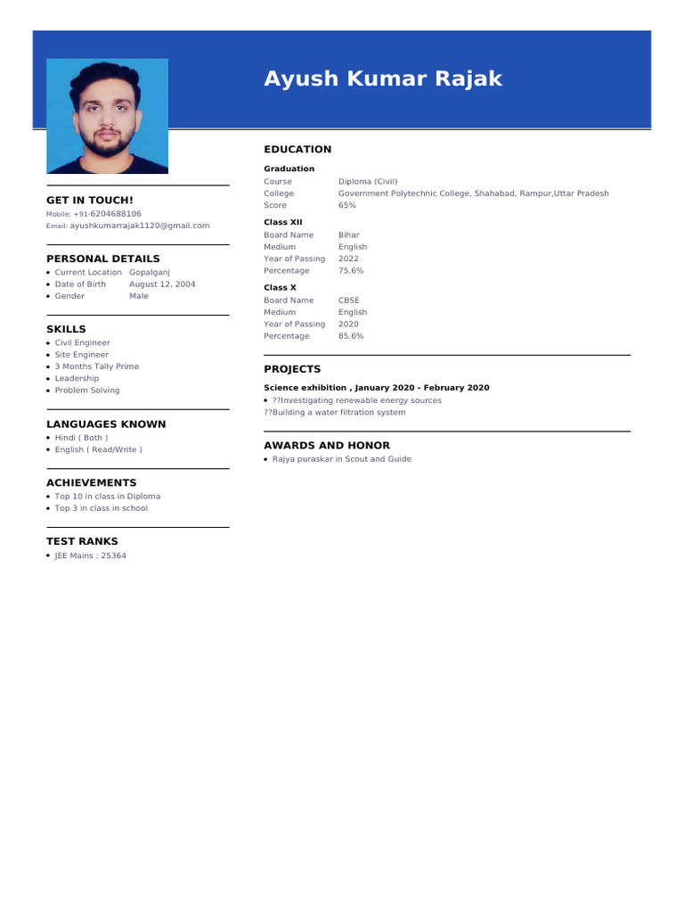 Ayush Kumar Rajak Resume | PDF