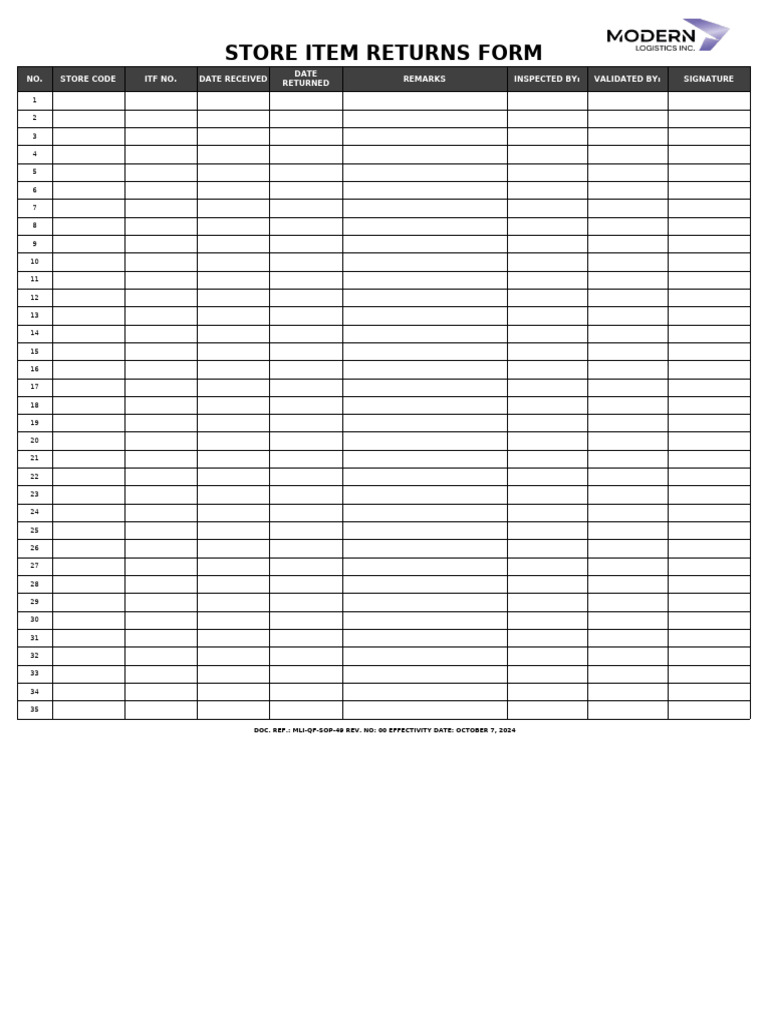 Store Item Returns Form | PDF