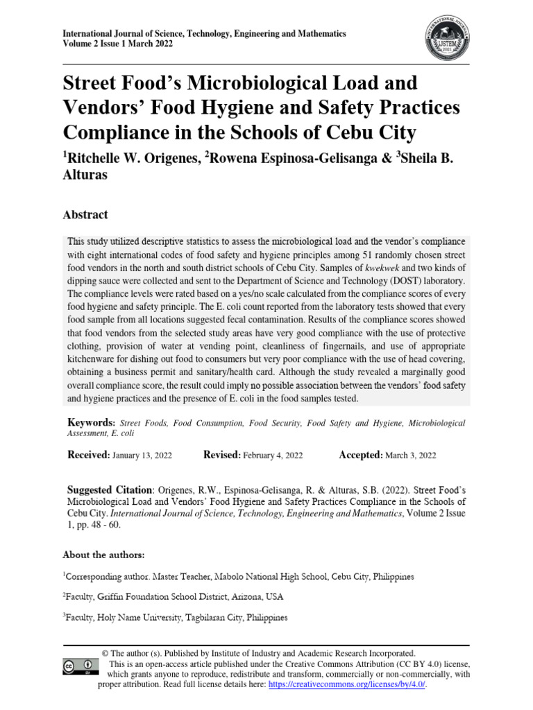 Street Food's Microbiological Load and Vendors' Food Hygiene and Safety ...