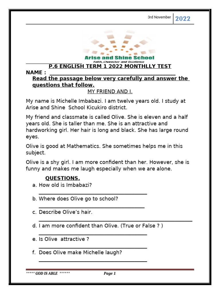 p.6 English Monthly Test | PDF