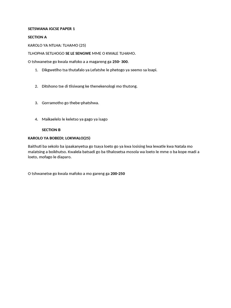 Setswana Igcse Paper 1 | PDF