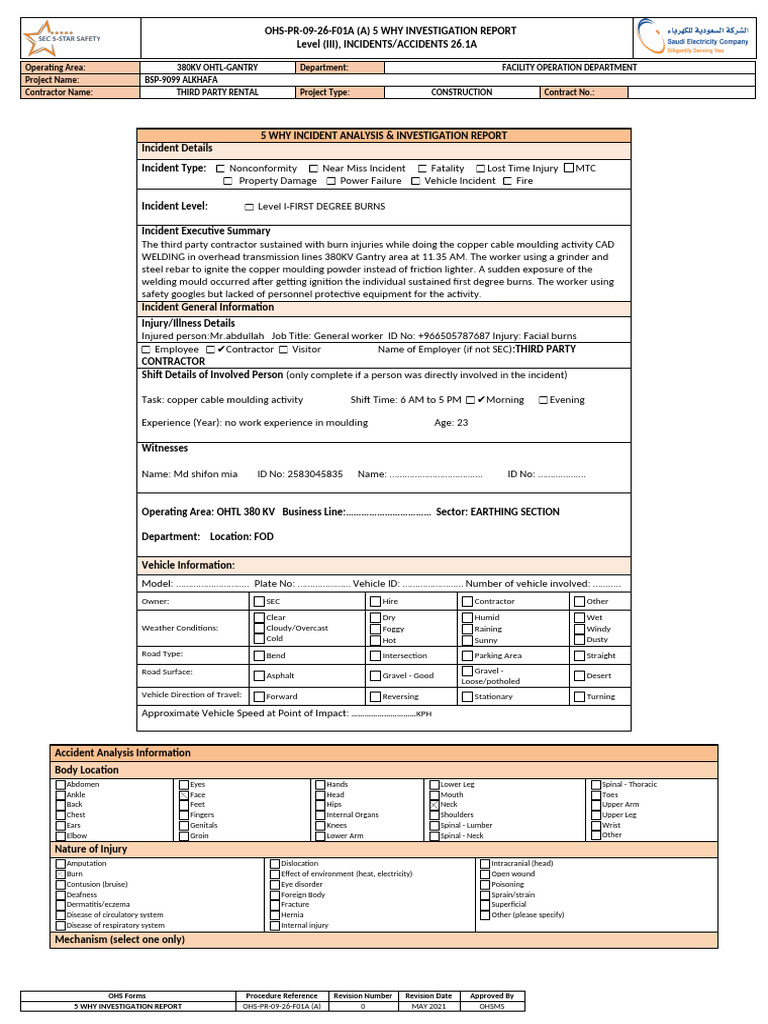 OHS-PR-09-26-F01A (A) 5 WHY INVESTIGATION REPORT FORM | PDF | Personal ...