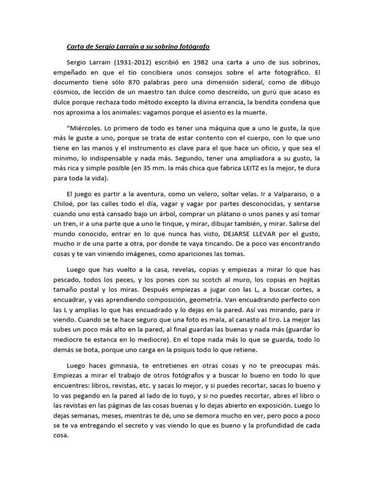 Carta de Sergio Larrain a su sobrino fotógrafo | PDF