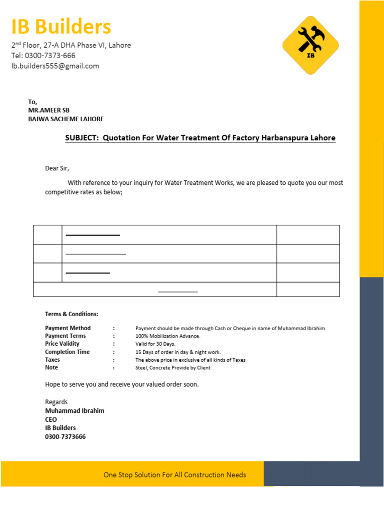 Quotation for Water Treatment Services | PDF