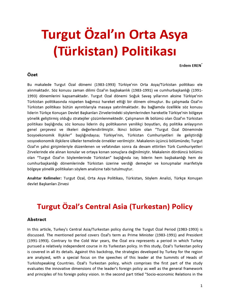 Turgut Özal Türkistan Politikası Erdem Eren PDF | PDF