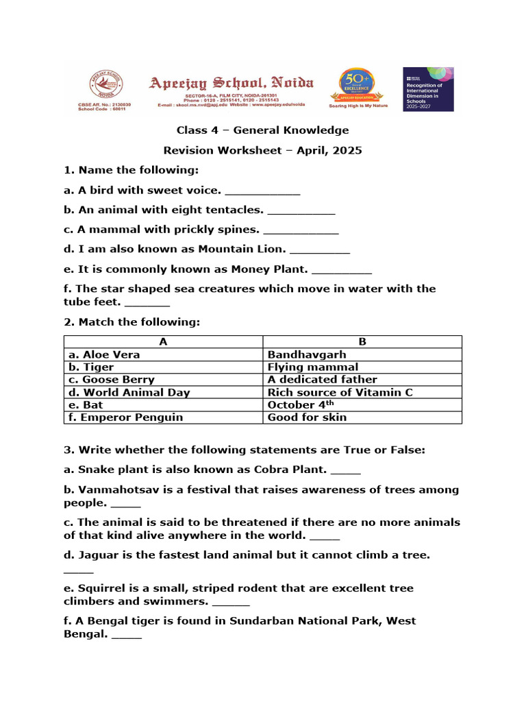 Class 4 - GK - Revision Worksheet - April 2025 | PDF
