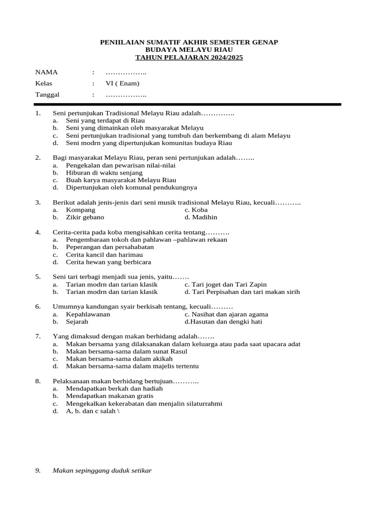 SOAL UAS KELAS 6 SEM 2 BMR | PDF