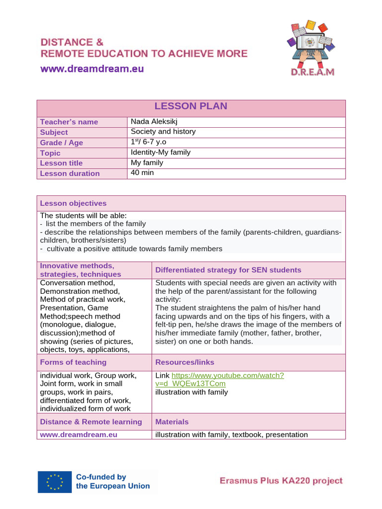 Lesson Plan D.R.E.a.m - Society and History-Identity (Family) For 6-7 ...