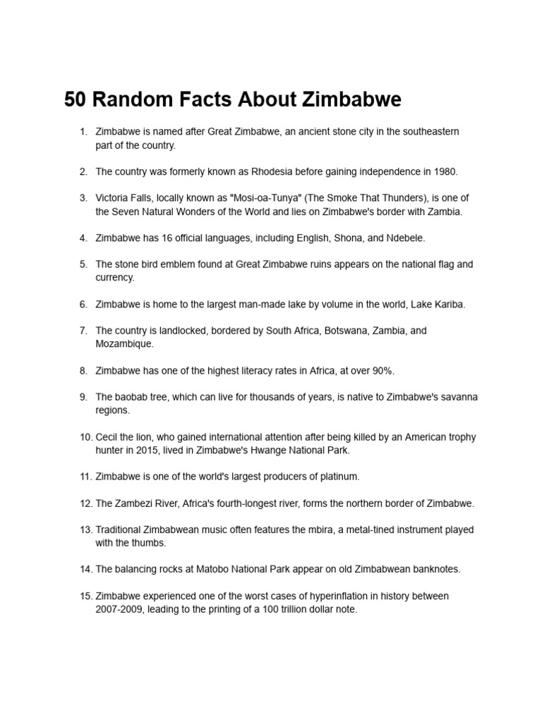 50 Interesting Facts About Zimbabwe | PDF | Zimbabwe