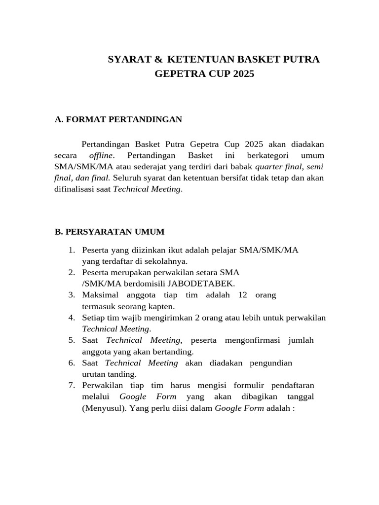 Syarat & Ketentuan Basket Putra Gepetra Cup 2025 - 1 | PDF
