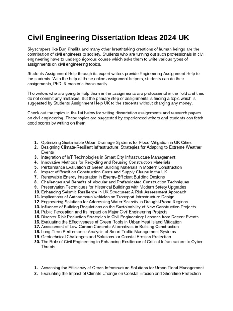Civil Engineering Dissertation Ideas 2024 UK | PDF | Civil Engineering | Infrastructure