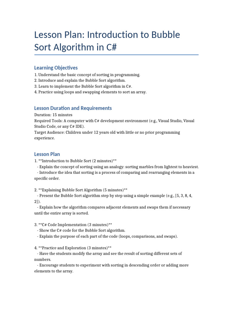 Lesson Plan Bubble Sort CSharp International Standard | PDF ...