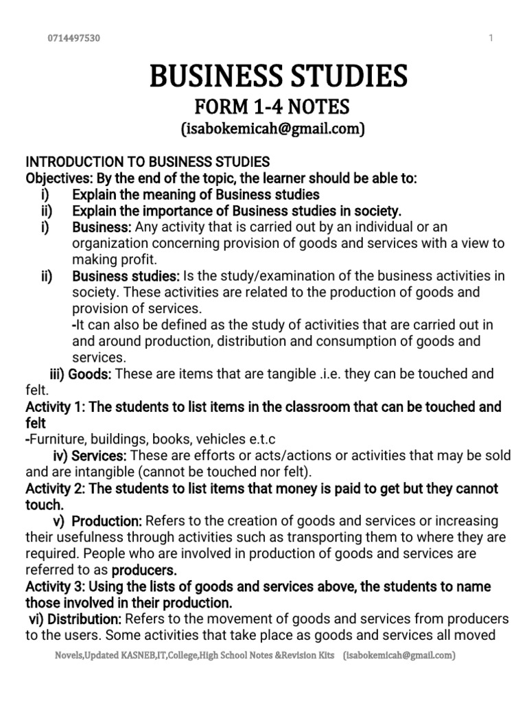 Business Studies Form 1-4 Notes | PDF