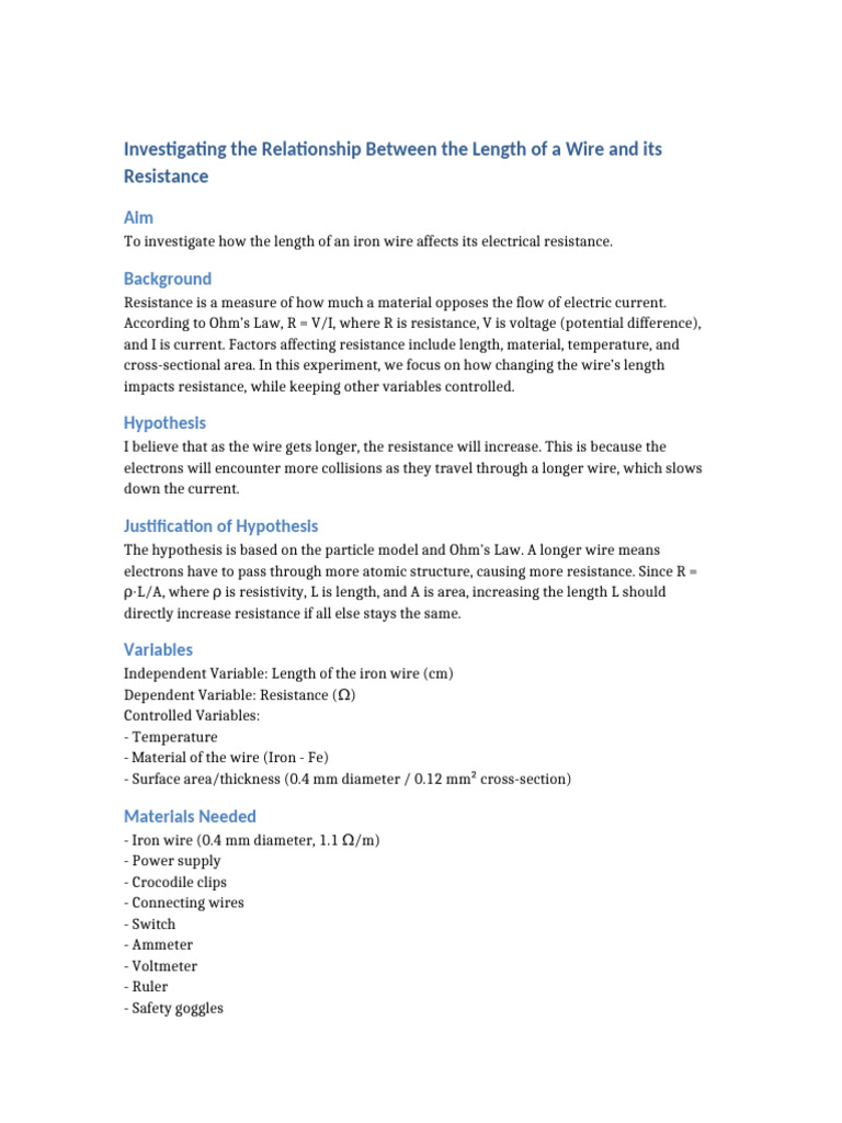 Wire Length vs. Resistance Data Table | PDF | Physical Quantities ...