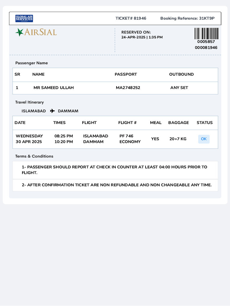 Grp Mr Sameed Ullah 30 Apr Airsial Isb Dmm | PDF