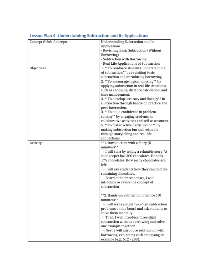 Lesson_Plan_4_Understanding_Subtraction 2 | PDF | Subtraction ...