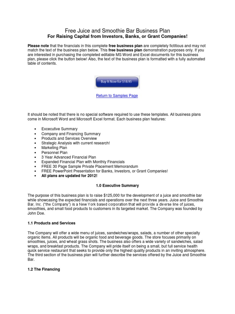 Free Juice & Smoothie Bar Business Plan | PDF | Business Plan | Marketing