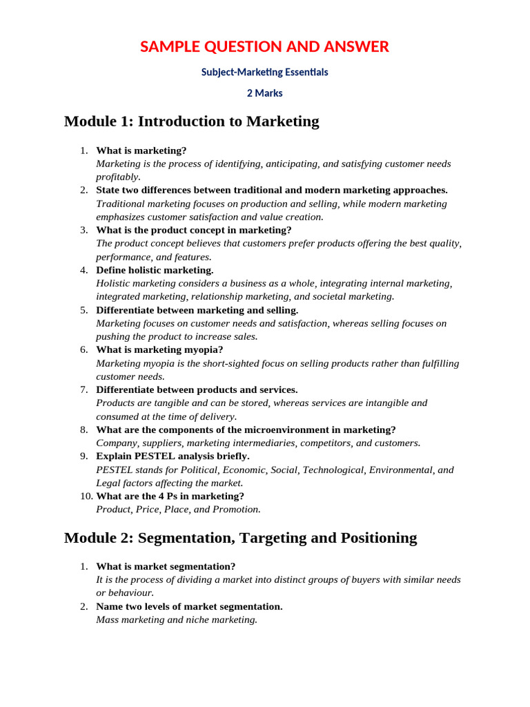 Sample Question and Answer Marketing Essentials | PDF | Cost Of Living ...