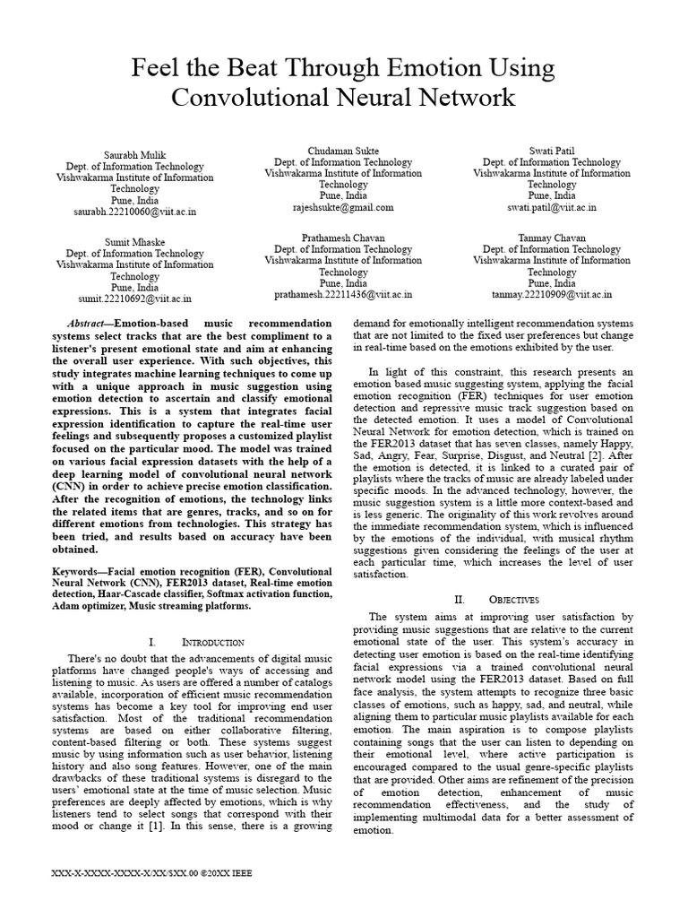Feel The Beat Through Emotion Using Convolutional Neural Network | PDF | Emotions | Deep Learning
