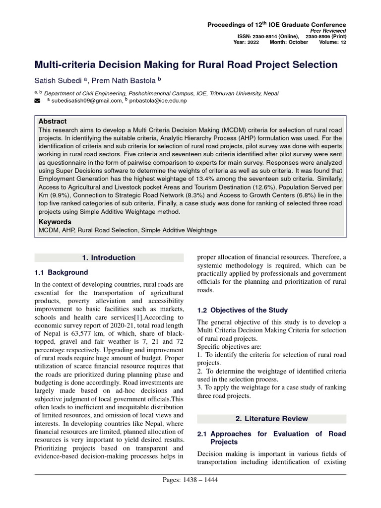 Multi Criteria Decision Making For Rural Road Project Selection | PDF