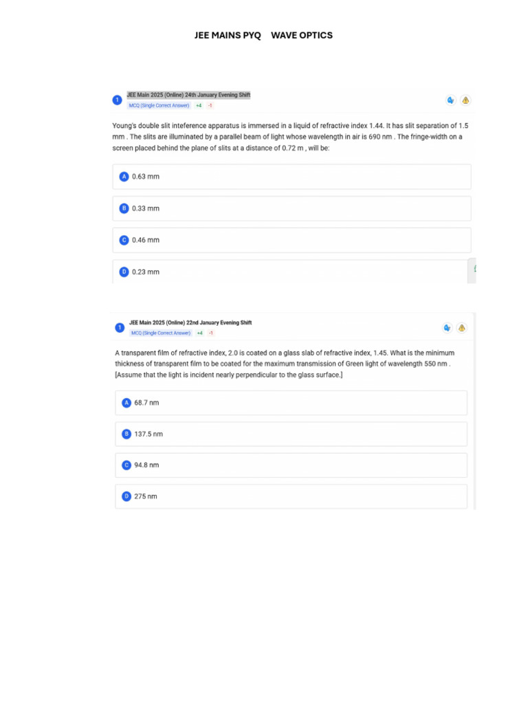 JEE MAINS WAVE OPTICS | PDF