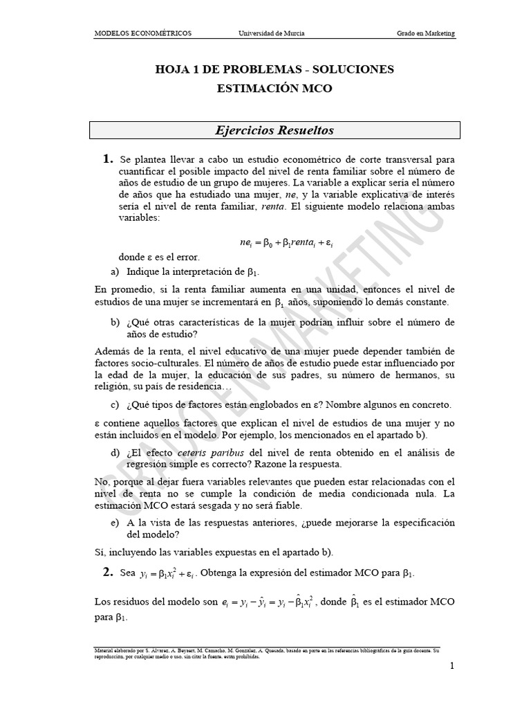 Hoja Problemas 1_Soluciones | PDF | Mínimos cuadrados ordinarios | Análisis de regresión