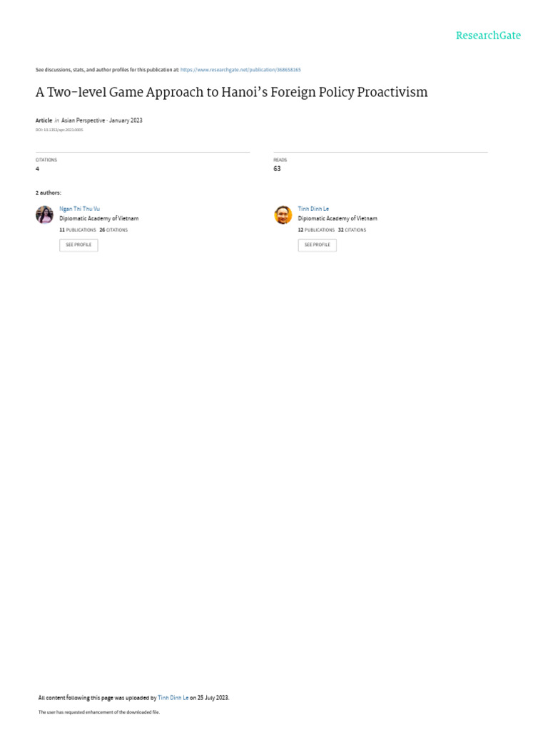 A Two-Level Game Approach To Hanoi's Foreign Policy Proactivism | PDF ...