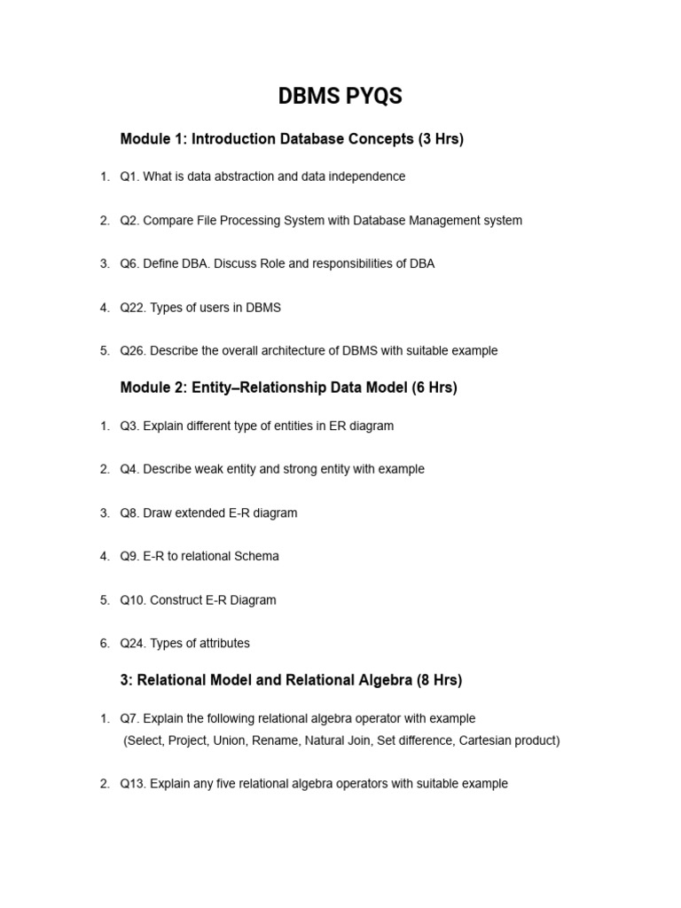 DBMS PYQS Chapter Wise | PDF