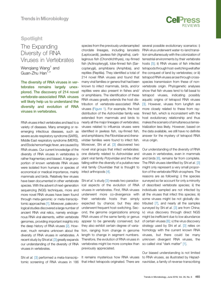The Expanding Diversity of RNA Viruses in Vertebra | PDF | Virus | Virology