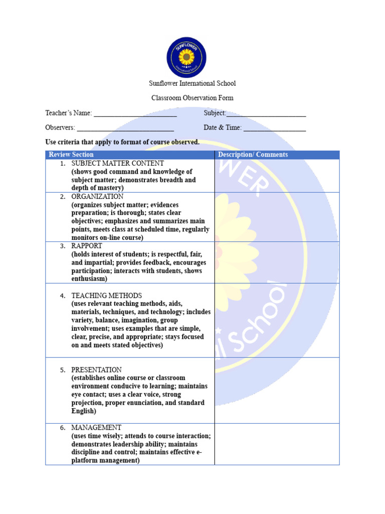 Classroom Observation Form | PDF | Teaching Method | Classroom