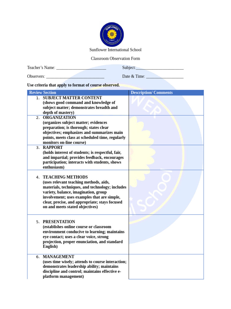 Classroom Observation Form | PDF | Teaching Method | Classroom