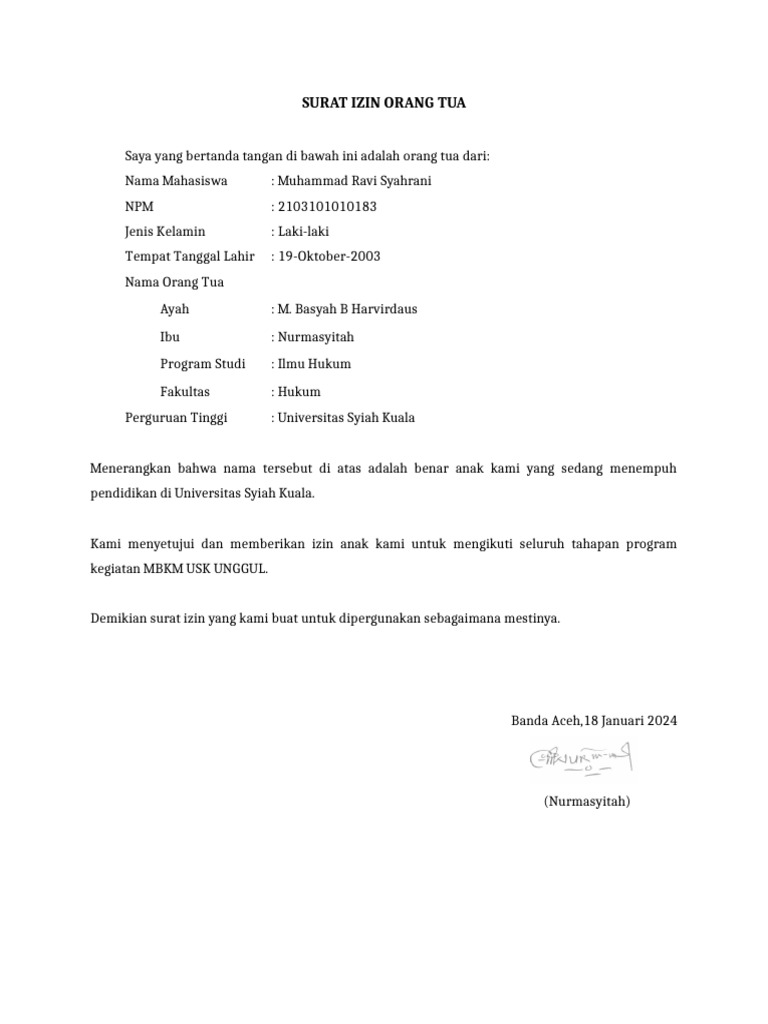 Template Surat Izin Ortu | PDF