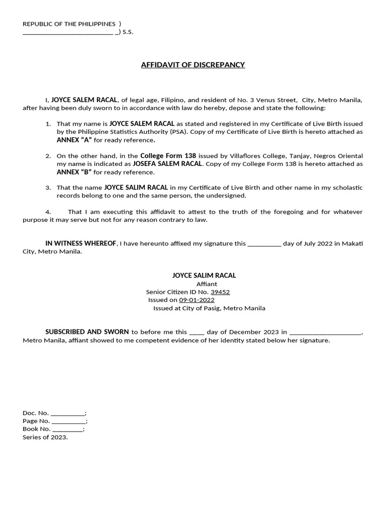 Affidavit of Discrepancy Joyce | PDF