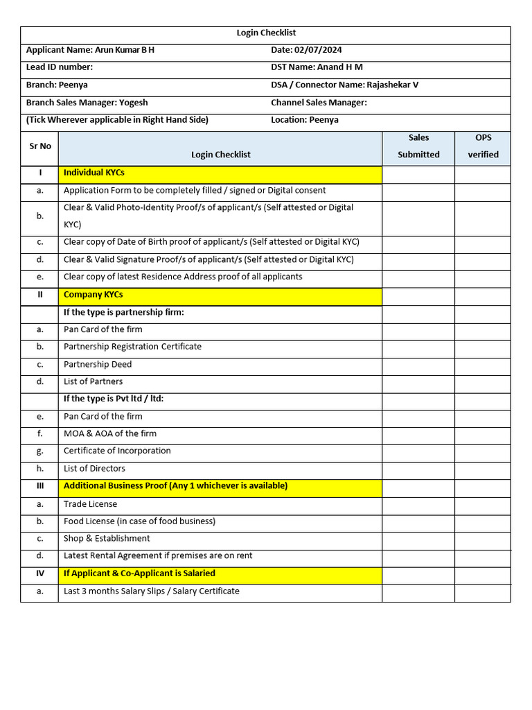 Login Checklist (ARUN KUMAR B H) | PDF | Deed