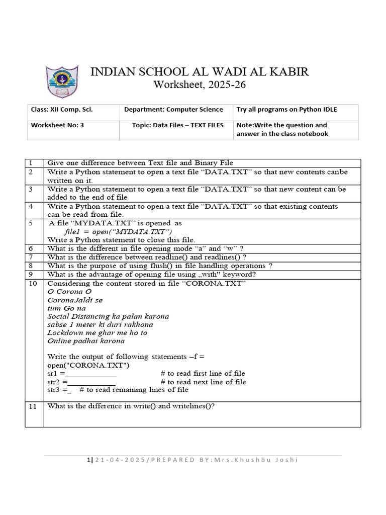 4940422-XII - CS - Worksheet 3 - DATA FILES-1 | PDF | Text File | Data