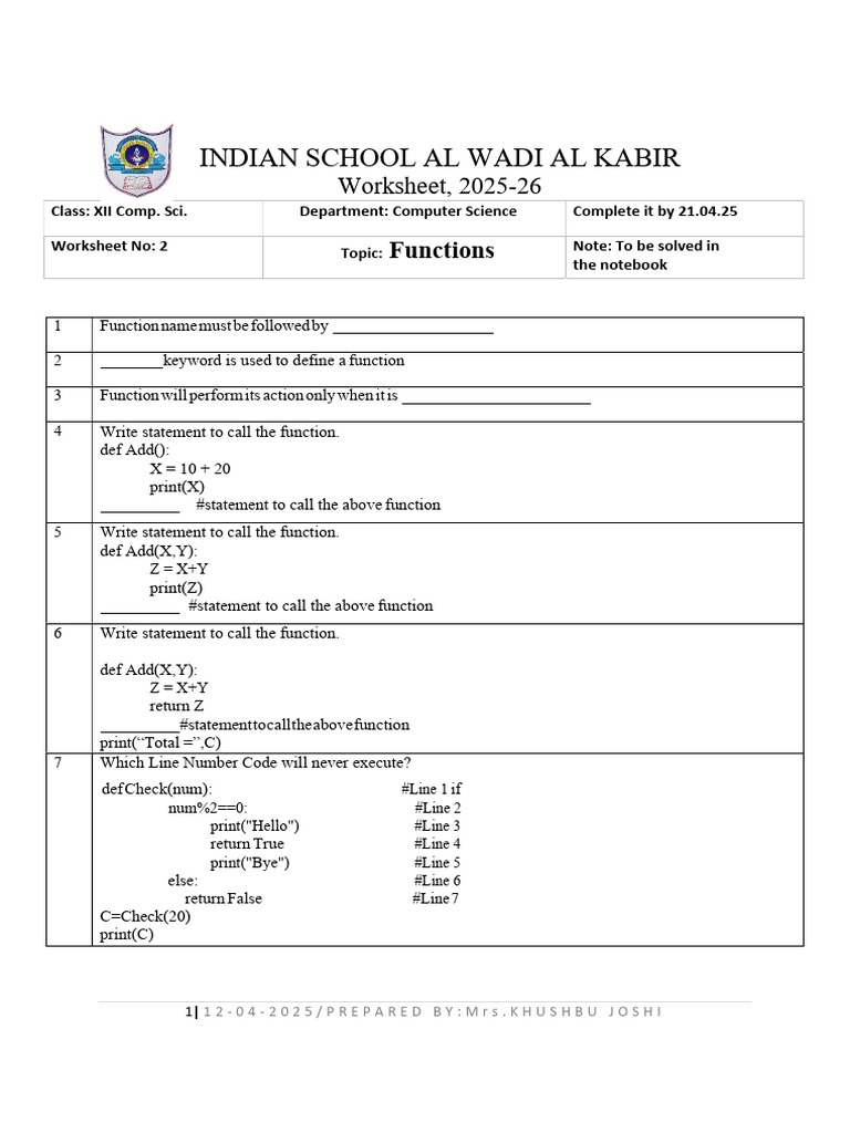 9610388-XII - CS - Worksheet 2 - FUNCTIONS | PDF | Function ...