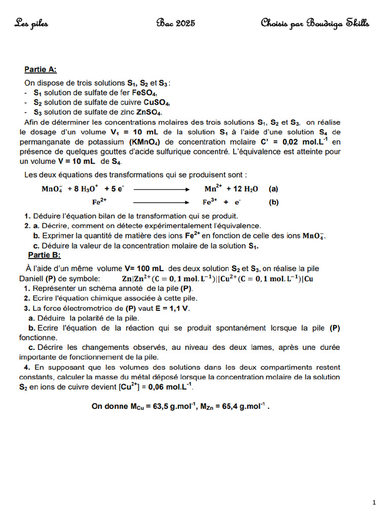 Exemples et corrigés sur les piles Bac 2025 | PDF | Cellule galvanique