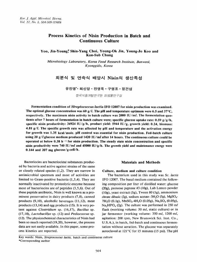 Process Kinetics of Nisin Production in Batch and Continuous Culture | PDF