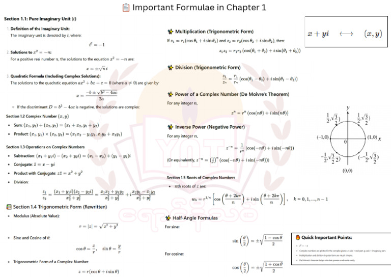 ? Important Formulae in Chapter 1 Section 1.1 Pure Imaginary Unit III I2 1i 2 - 1i2 1 Solutions ...