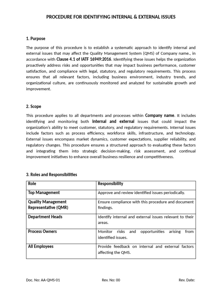 Aa-Qms-01 Procedure For Identifying Internal & External Issues | PDF ...