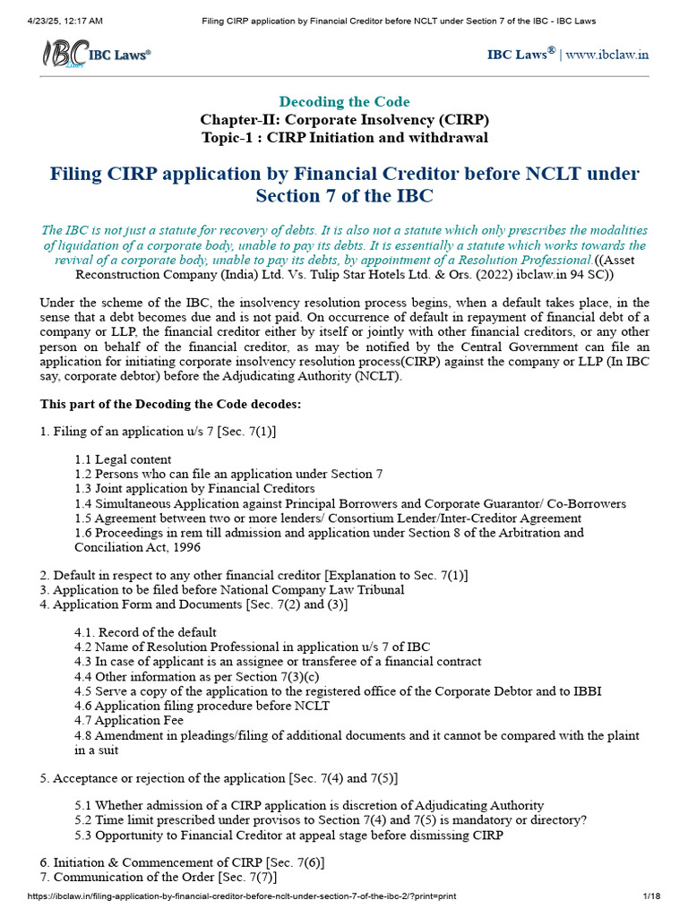 Filing CIRP Application by Financial Creditor Before NCLT Under Section 7 of The IBC - IBC Laws ...