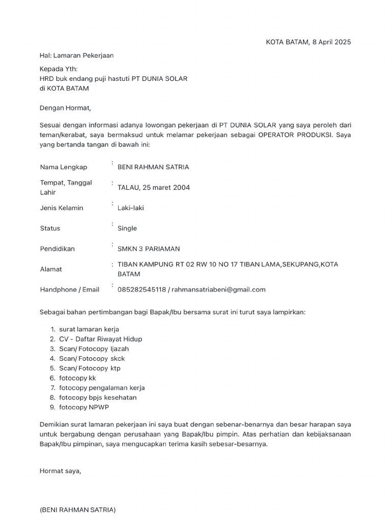 Lamaran-Pt Dunia Solar | PDF