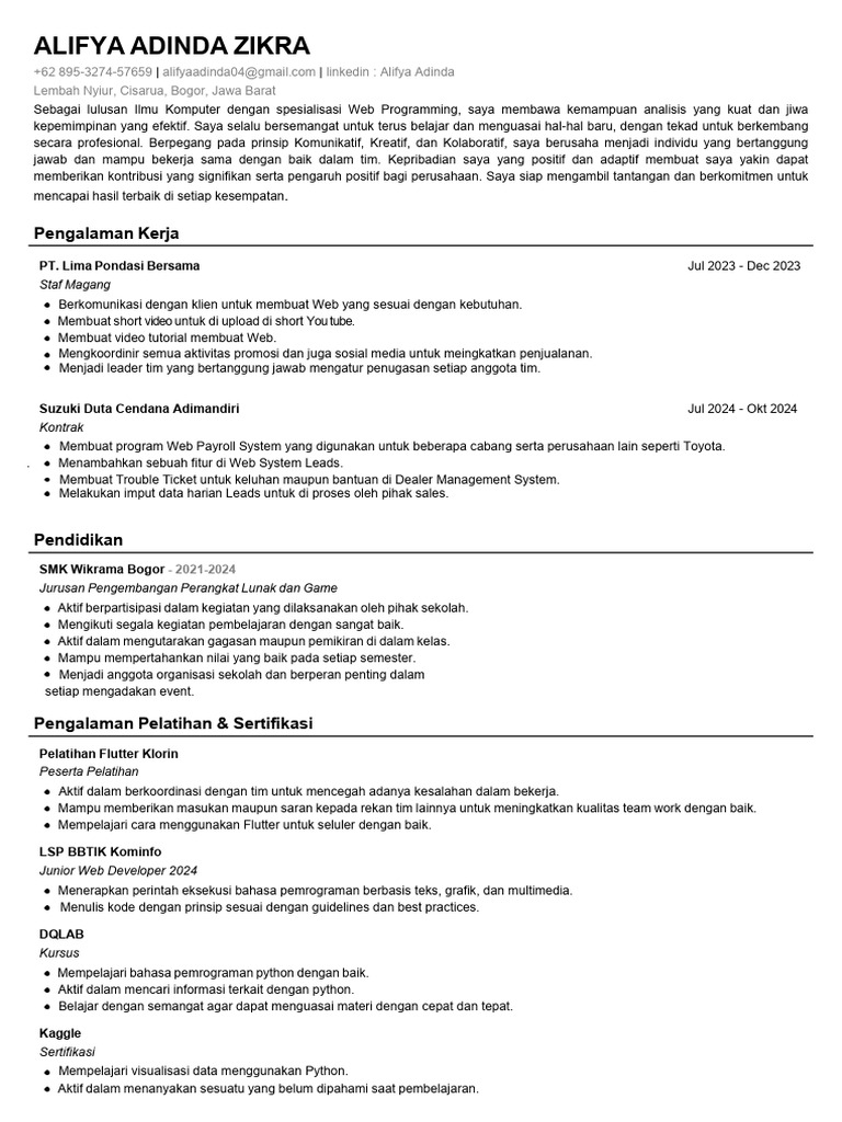 CV ALIFYA ADINDA ZIKRA. | PDF