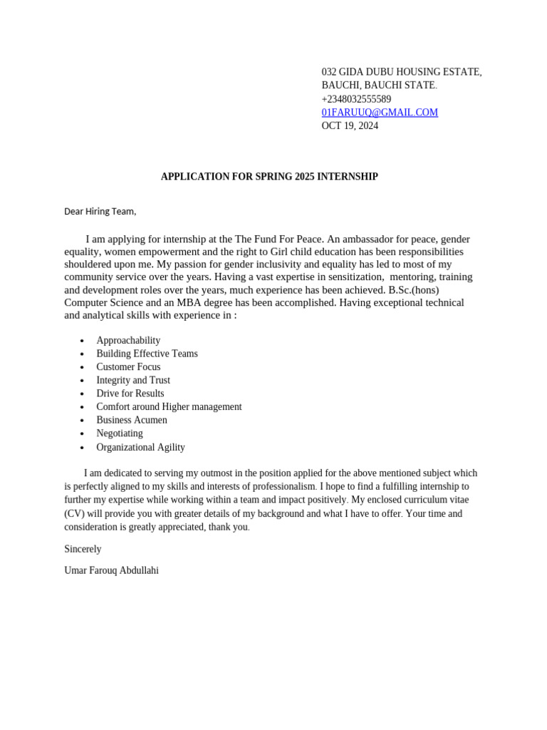 Abdullahi Umar Farouq Cover Letter | PDF