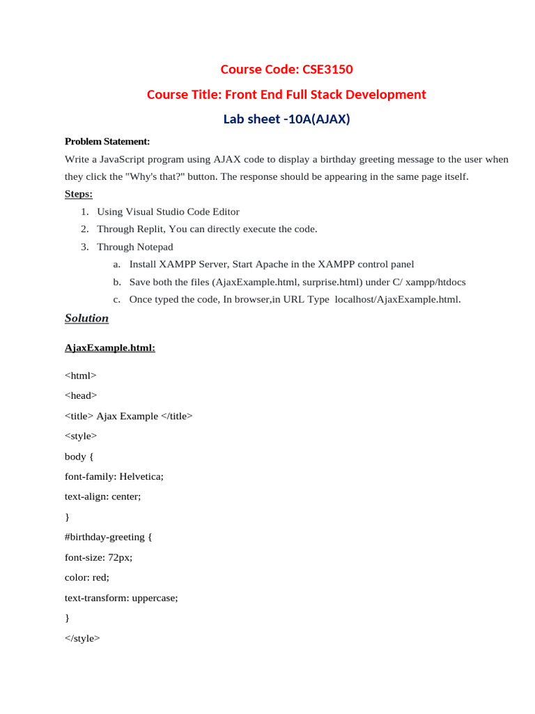 Course Code: CSE3150 Course Title: Front End Full Stack Development | PDF | J Query | Ajax ...