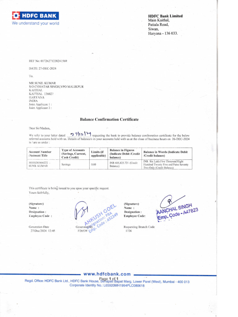 HDFC Balance Confirmation Certificate | PDF