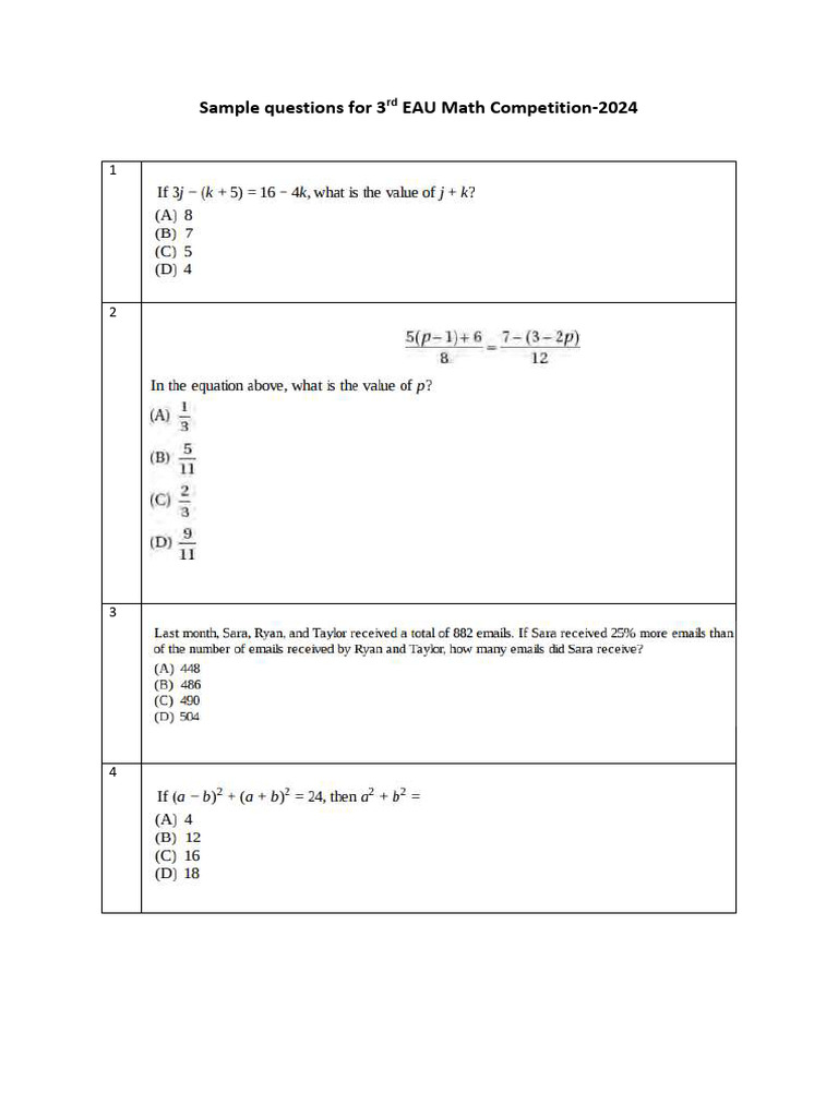 3rd EAU Math Competition 2024 Questions | PDF