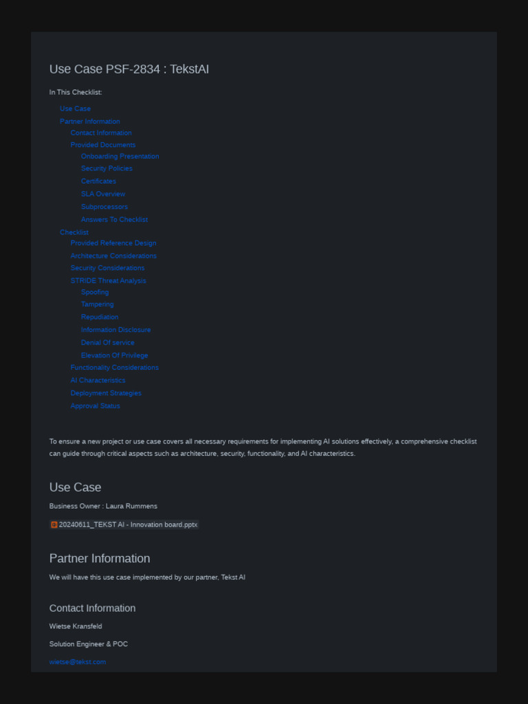 TekstAI Use Case Checklist Overview | PDF | Databases | Computer Security
